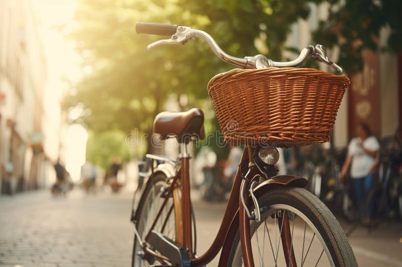 Walking Bike with Picnic Basket in Nature Stock Illustration - Illustration of color, person ...