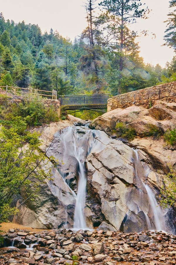 Walking Bridge Over Waterfall in Mountains Stock Photo - Image of ...