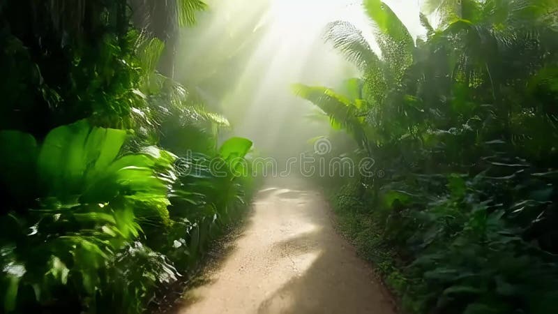 Walking through a Bright Tropical Forest Path with Lush Greenery Stock ...