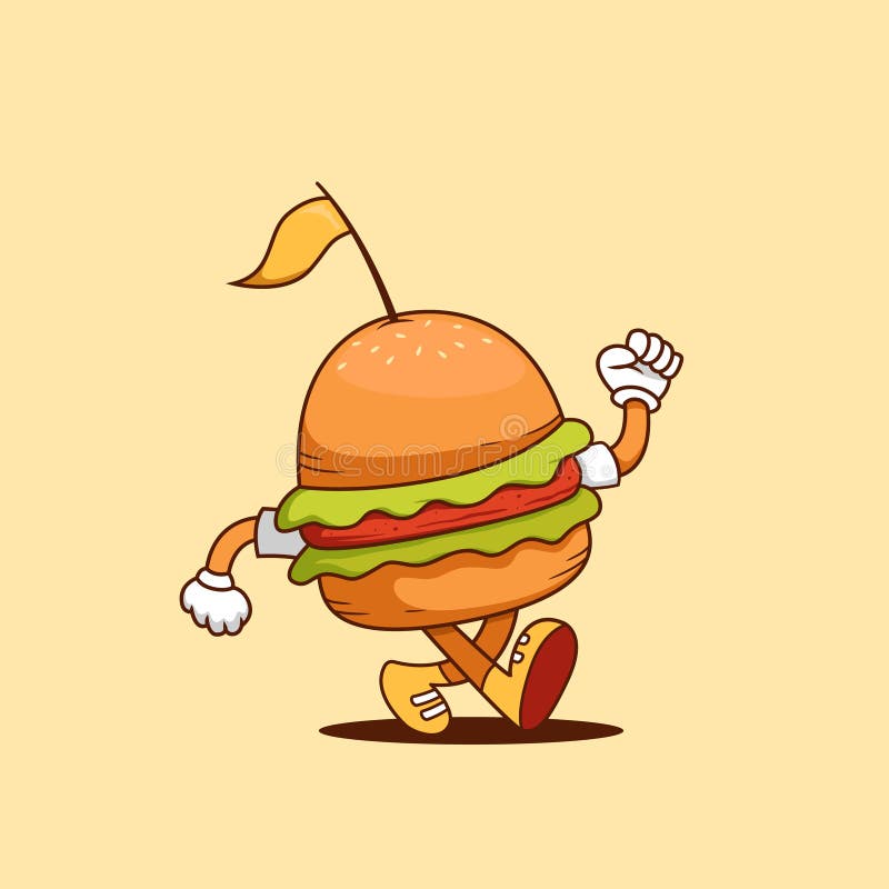 Walking Burger Cartoon Illustration, Retro Burger Cartoon Mascot Vector ...