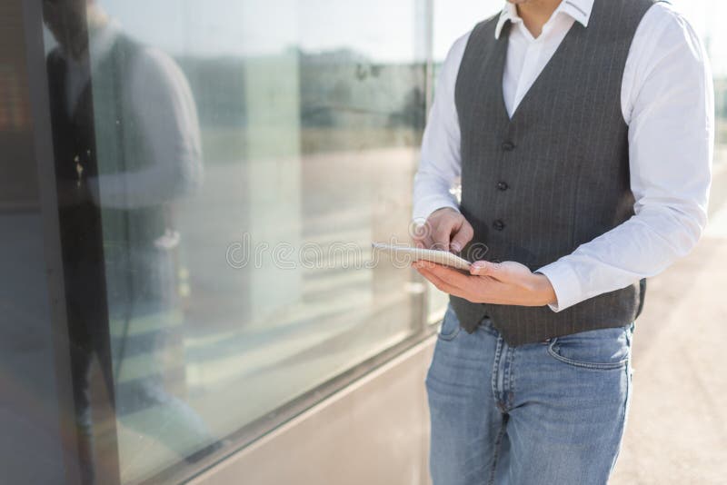 Walking Businessman Using Tablet Outside Stock Image - Image of ...