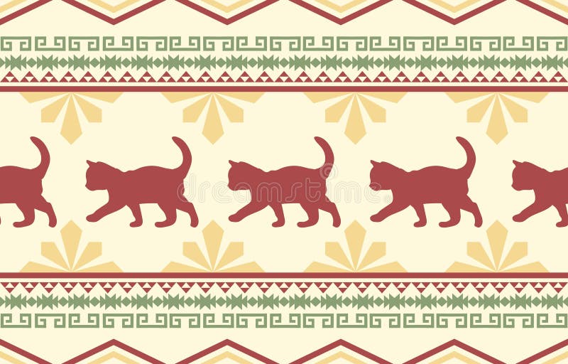 Walking Cats Pattern Native American Inspired Design with Red Cats and ...