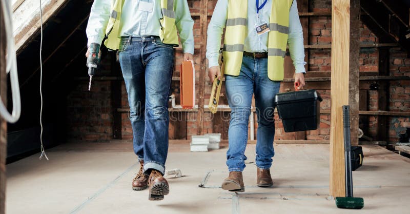 Walking Construction Worker with Toolbox on White Background. Stock ...