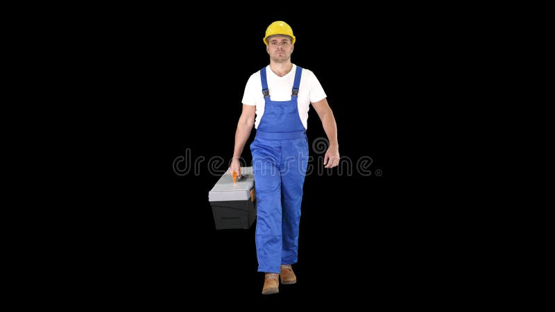 Walking Construction Worker with Toolbox, Alpha Channel Stock Video ...
