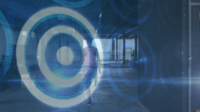 Walking in Corridor, Person with Digital Target Animation Overlay in ...