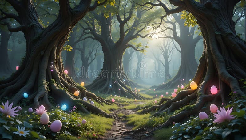 Walking Easter Egg Path through Enchanted Forest with Glowing Elements ...