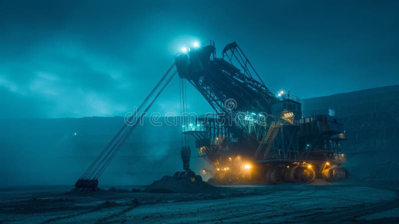 Walking Excavator Operates at Night Near Piles Row in Mining Pit Stock ...