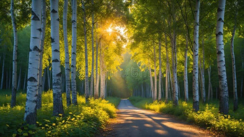 Golden Sunrise Birch Tree Forest Path Stock Illustration - Illustration ...