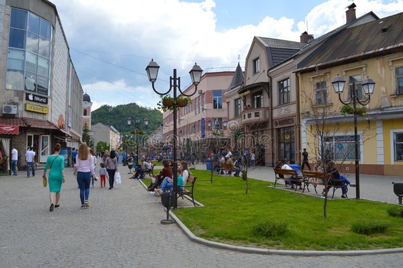 Walking on Fully Rebuilt Square in Khust, Ukraine on May 3, 2016 ...