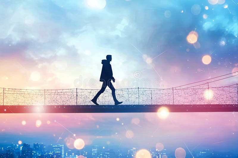 Walking on a Glowing Bridge of Connections, a Determined Figure ...