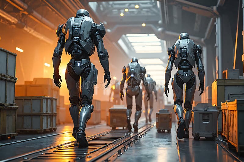 Walking Humans in Full Protected Exoskeleton in Cargo Bay Stock ...