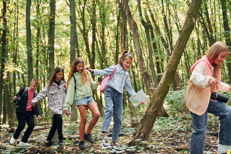 Walking on the Log. Kids in Green Forest at Summer Daytime Together ...