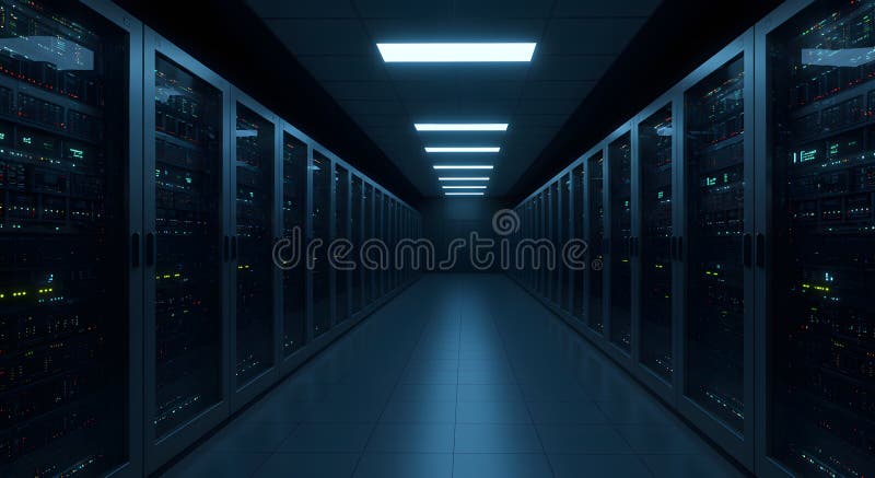 Walking through Long Server Room Data Center with Many Racks Stock ...