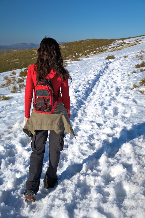 Walking on long snow path stock image. Image of gredos - 10422783