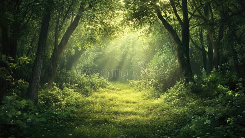 Walking through Lush Forest Path with Sunlight Streaming through Trees ...