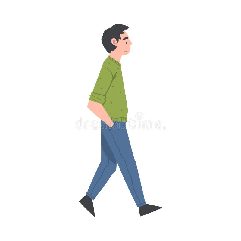Walking Man Character with Hands in Pockets Taking Steps Forward Side ...