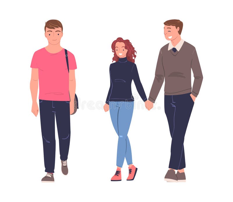 Walking Man And Woman Character Strolling In The Street And Smiling Vector Set Stock