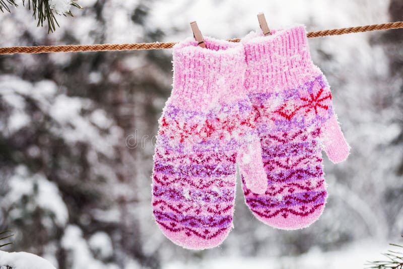 Walking with Mittens with Christmas Pattern Hanging and Drying Stock ...