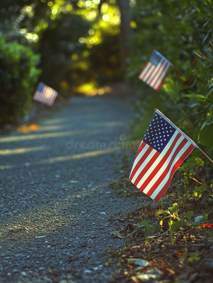 Walking Path with American Flags Stock Photo - Image of sidewalk, fence ...