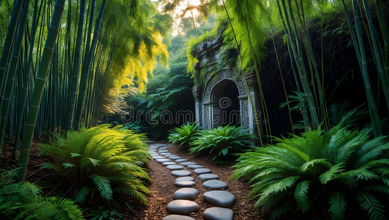 Serene Stone Path Winding through Lush Bamboo Forest To Ancient Archway ...