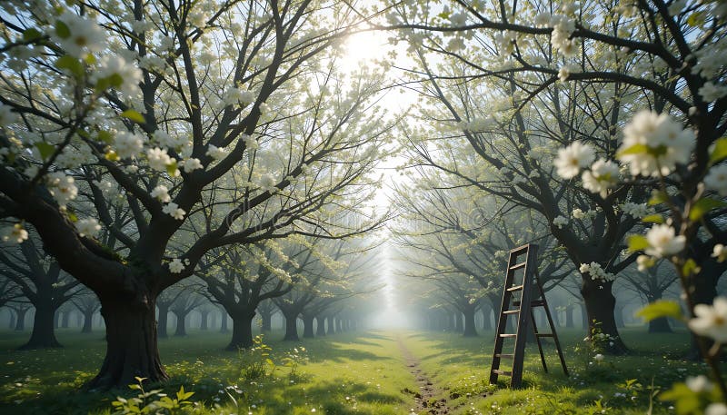 Walking Path through Blossoming Tree Orchard with Ladder in Spring ...