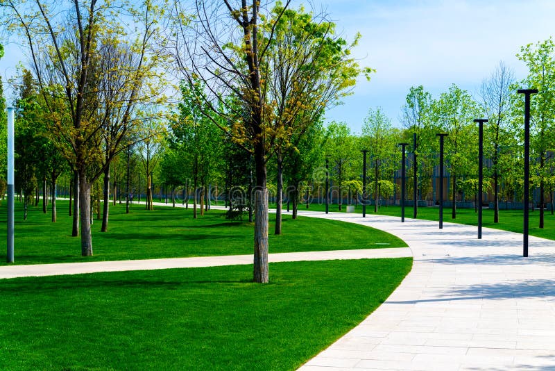 Walking Path in a City Park with Urban Lights or Lanterns Stock Photo ...