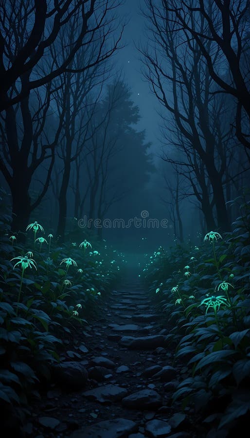Walking Path through Eerie Forest with Glowing Flowers at Night Stock ...