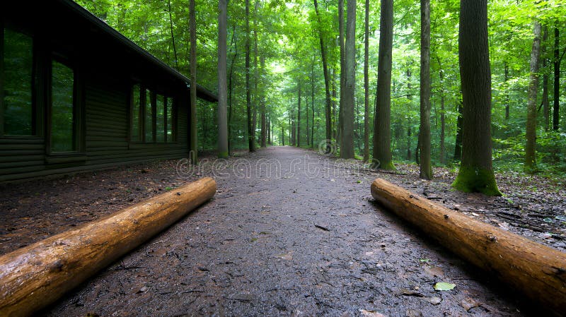 Walking Path through Green Forest with Cabin and Fallen Logs Stock ...