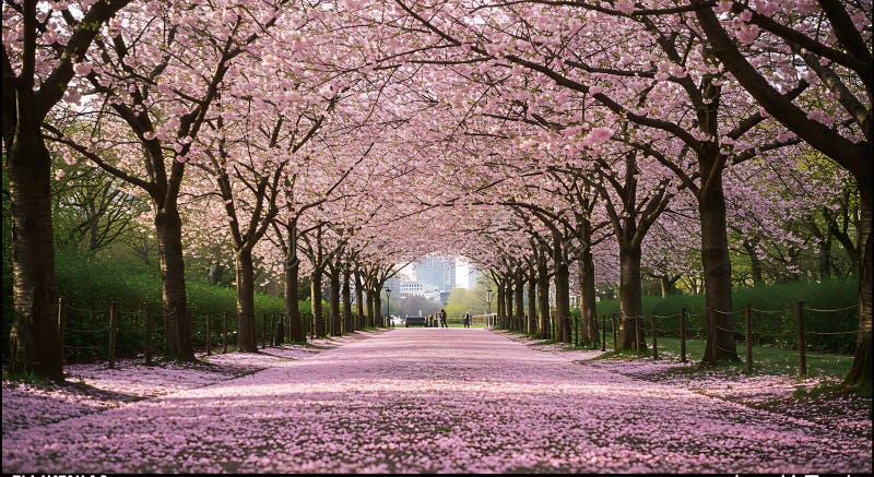 Walking Path Lined with Cherry Blossom Trees and Fallen Petals Stock ...