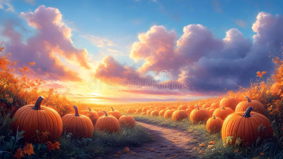 Walking Path through Pumpkin Field at Sunset with Dramatic Cloudy Sky ...