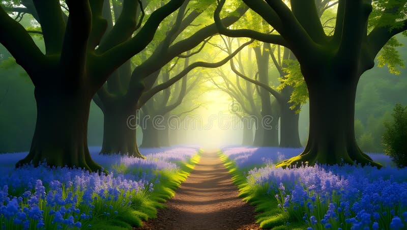 Walking Path through a Spring Forest with Bluebells and Sunlight Stock ...