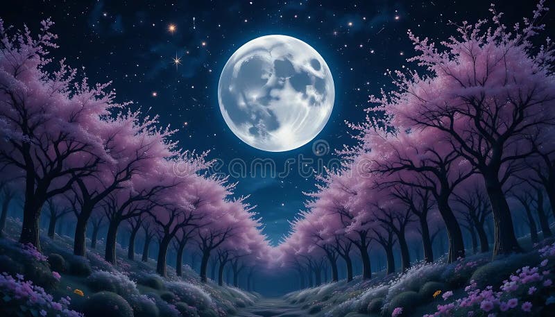 Walking Path Under Full Moon between Rows of Flowering Trees at Night ...