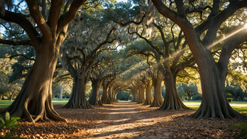 Magical Sunlit Oak Tree Alley in Autumn Stock Illustration ...