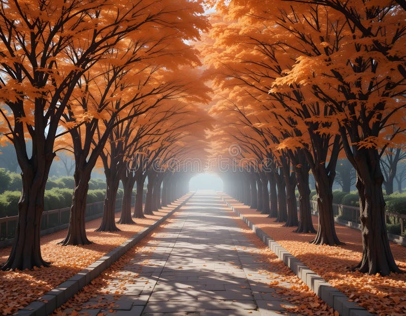 Walking Path Under Trees in Autumn with Orange Leaves and Hazy Light ...