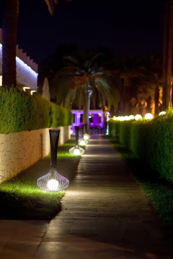 Walking Paths with Night Illumination on Territory Hotel Stock Image ...