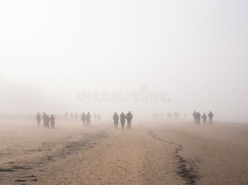 Walking People in Dense Fog in the Sand Stock Image - Image of surreal ...