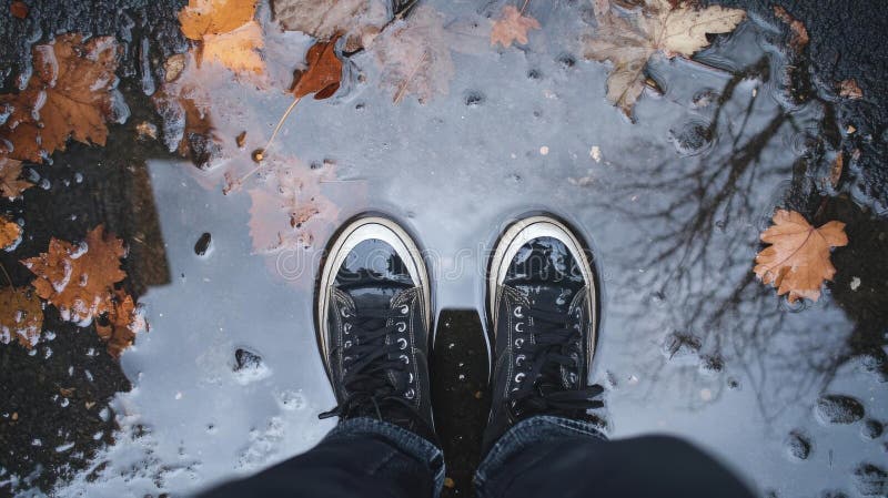 Walking through Puddle Reflection Fall Leaves and Shoes, Autumn Mood ...