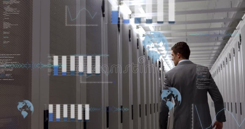 Walking through Server Room, Businessman Analyzing Digital Data ...