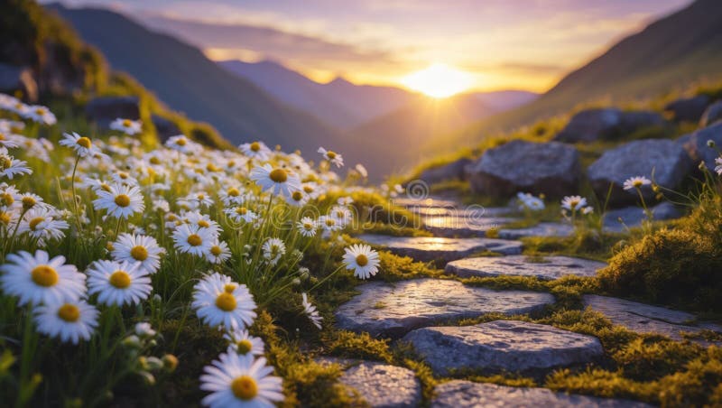 Serene Sunset Mountain Path with Daisies Stock Illustration ...
