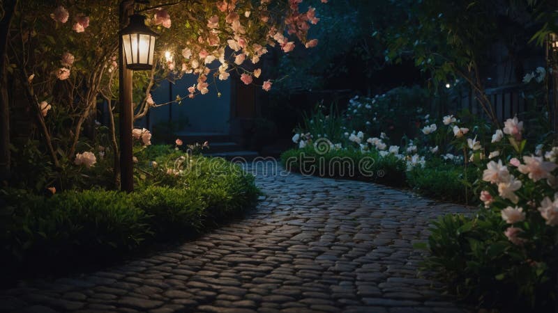Romantic Garden Path at Night with Stone Pathway and Flowers Stock ...