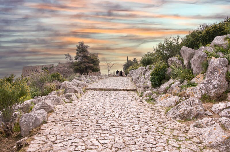 Walking on Stone Path at Sunset .Greece Stock Photo - Image of castle ...