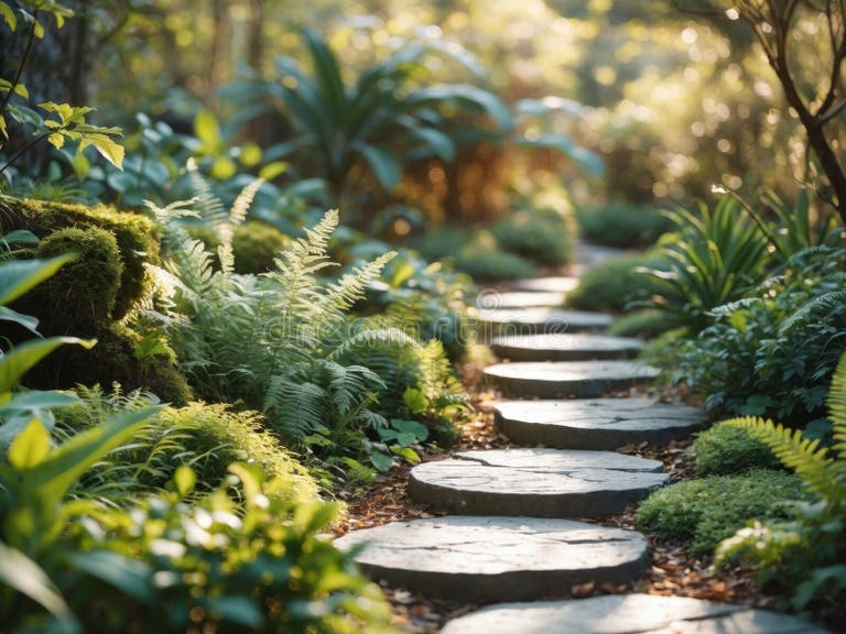 Walking Stones Pathway through Serene Garden with Greenery and Light ...