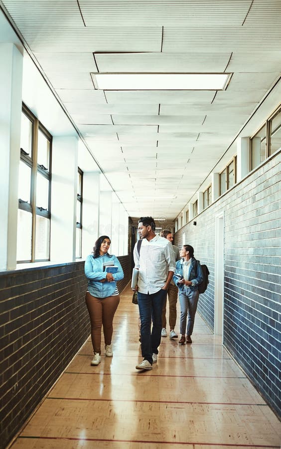 Walking, Talk and Friends in Corridor at University for Study Tips ...