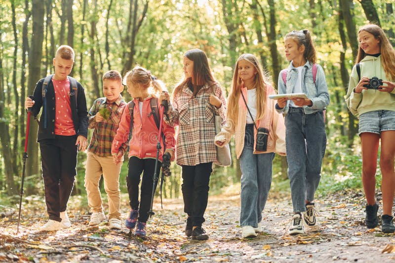 Walking Together. Kids in Green Forest at Summer Daytime Stock Image ...