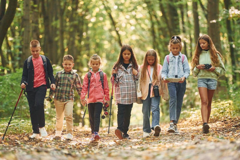 Walking Together. Kids in Green Forest at Summer Daytime Stock Photo ...