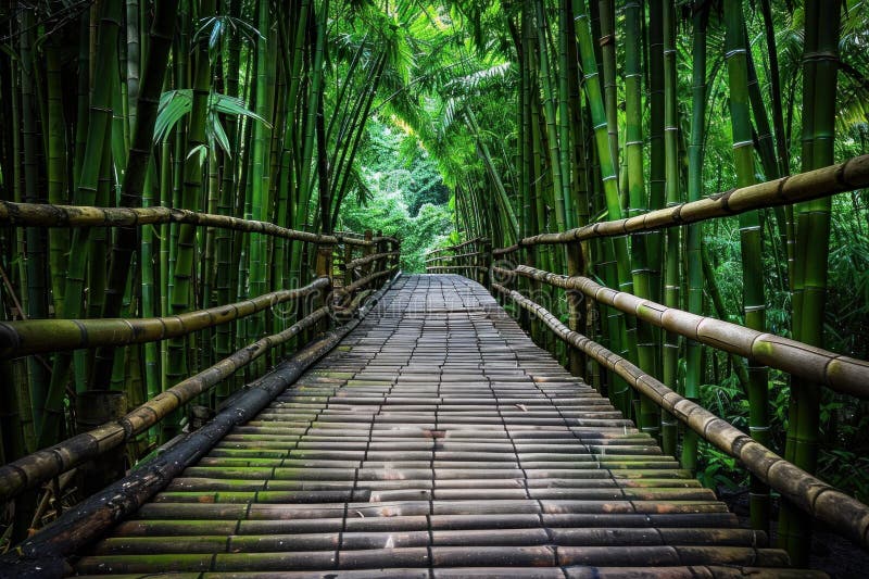 Walking through Tranquil Bamboo Forest on Footbridge Stock Image ...
