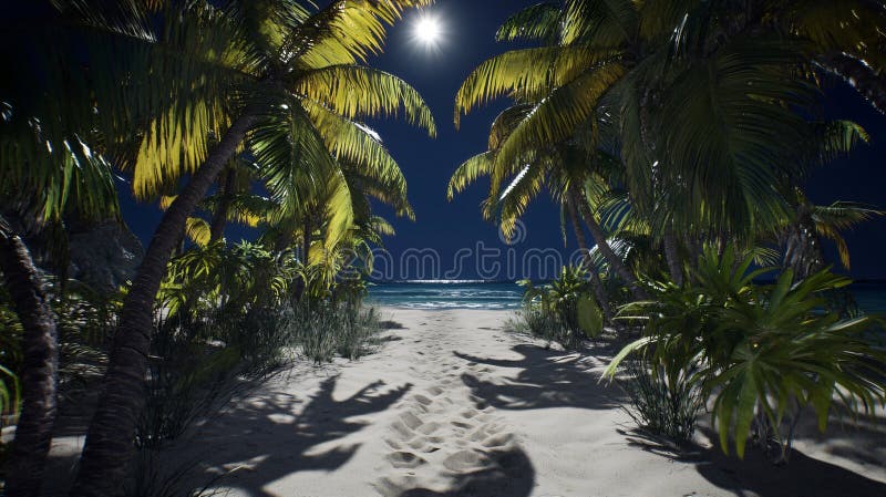 Walking on Tropical Beach Sand at Night with Palm Trees and Moonlight ...