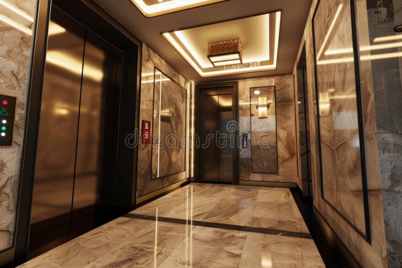 Luxurious Elevator Lobby Showcasing Elegant Marble Finishes in a Modern ...