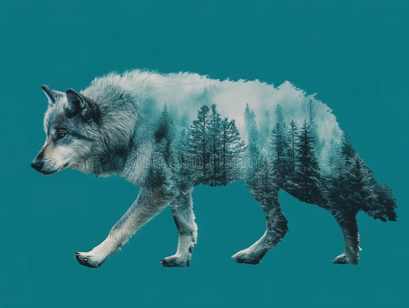 Walking Wolf Double Exposure with Pine Tree Forest on Teal Background ...