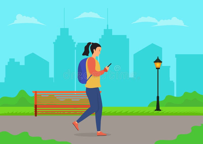 Walking Women Using Mobile Phone in City Park Stock Vector ...